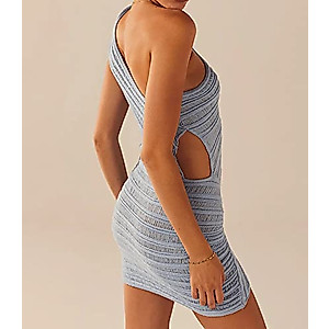 KIGRAD Women’s Sexy Y2K One Shoulder Sheer Ladder Knit Mini Dress Sleeveless Cut Out Slim Bodycon Summer Short Dresses Light Blue