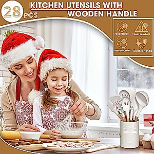 28 Pcs Silicone Cooking Utensils Kitchen Utensil Set - 446°F Heat Resistant, Turner Tongs, Spatula, Spoon, Brush, Whisk, Wooden Handle, Kitchen Gadgets with Holder for Nonstick Cookware (White)