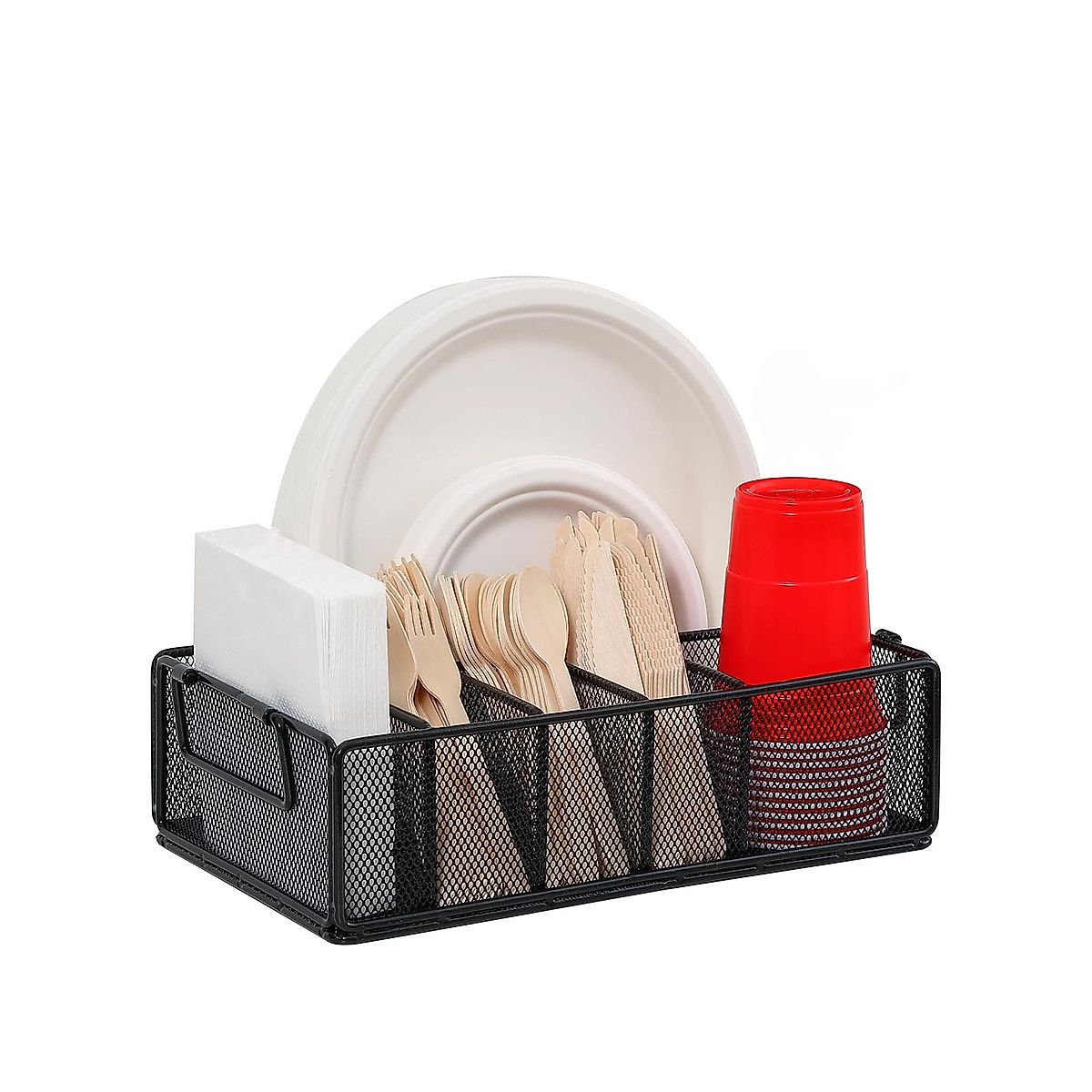 Remittur Paper Plate Dispenser with Handle, Metal Paper Plate Holders for Kitchen Counter, Utensil Holder Organizer with 6 Compartments, Silverware Holder Caddy for Cup Fork Spoon Napkin Party Camping