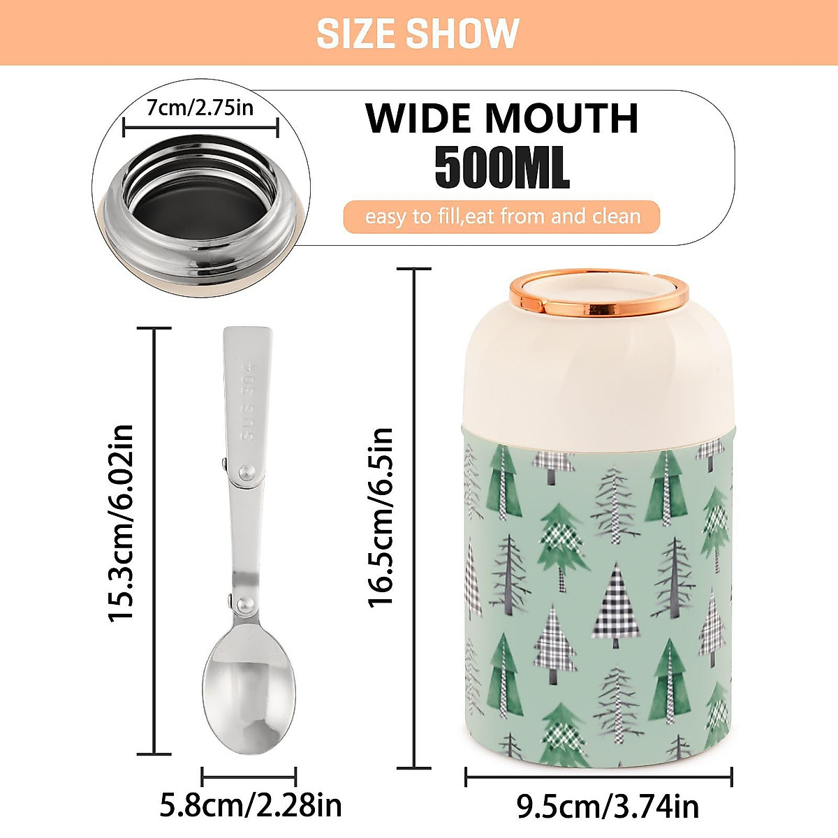 Christmas Green Kids Womens Insulated Food Jar Container with Spoon 17oz/500ml Container For Hot Food Stainless Steel Vacuum Portable Flask Insulated for Office Accessories