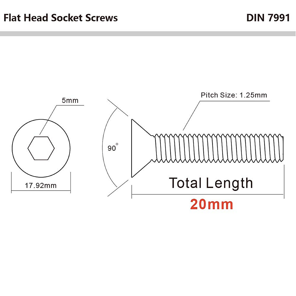 M8-1.25 x 20mm Flat Head Socket Cap Screws Countersunk Bolts, Alloy Steel Grade 10.9, Fully Threaded, Allen Socket Drive, 25 PCS
