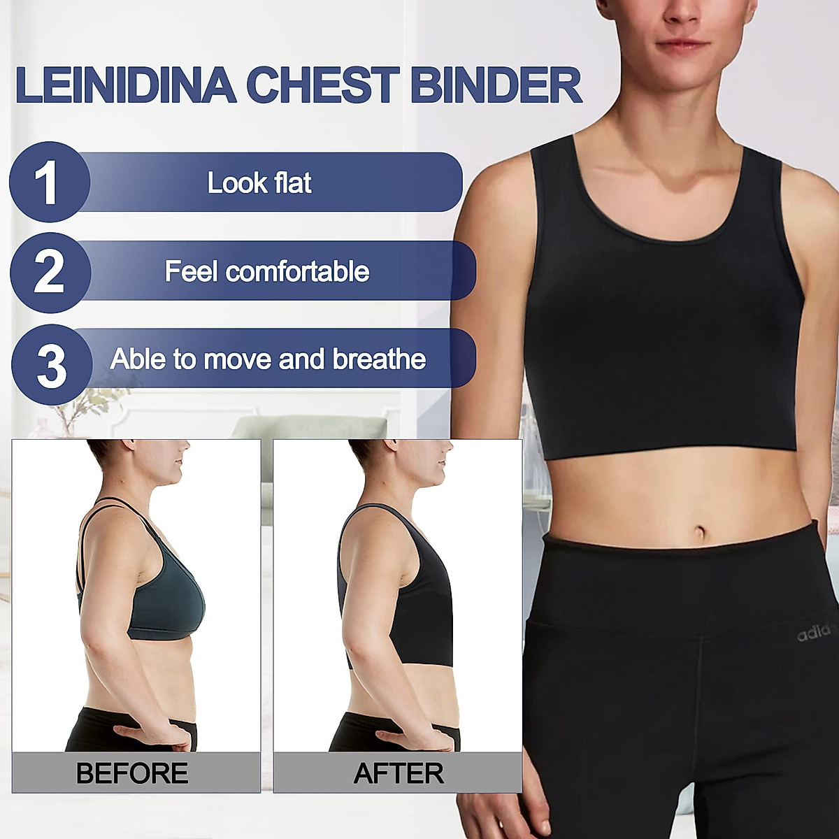 LEINIDINA Chest Binder for Transgender FTM LGBT Tomboy Tops Women Breathable Binder Bra Tank Tops Elastic Black