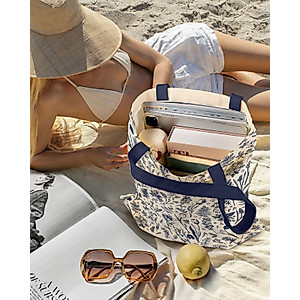 Miss Adola Aesthetic Canvas Tote Bag with Inner Pocket for Women, Cloth Cotton Totes Bag with Pattern for Shopping, Gym, Blue Line Flower