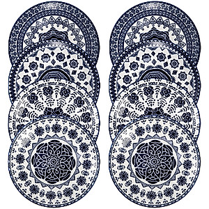 Foraineam 8 Pack Porcelain Salad Plates, 6-3/4 inch Blue and White Floral Shallow Round Serving Plate for Appetizer Salad Dessert and Snack, Microwave & Dishwasher Safe