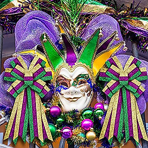 Hying Mardi Gras Ribbons for Wreath Bows, Glitter Gold Purple Green Wired Edge Ribbons Mardi Gras Stripes Craft Ribbons for Gift Wrapping Fat Tuesday Carnival Party Decoration Supplies, 2.5"×10 Yards