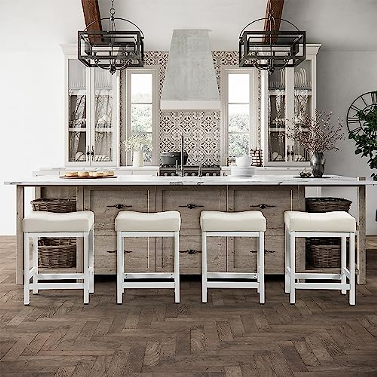 KATDANS Bar Stools Set of 2, 24" Counter Height Saddle Bar Stools, Upholstered PU Leather Bar Stools for Kitchen Island, Mid Century Modern Backless Barstools with Metal Base, KS861P-Cream, 2Pcs