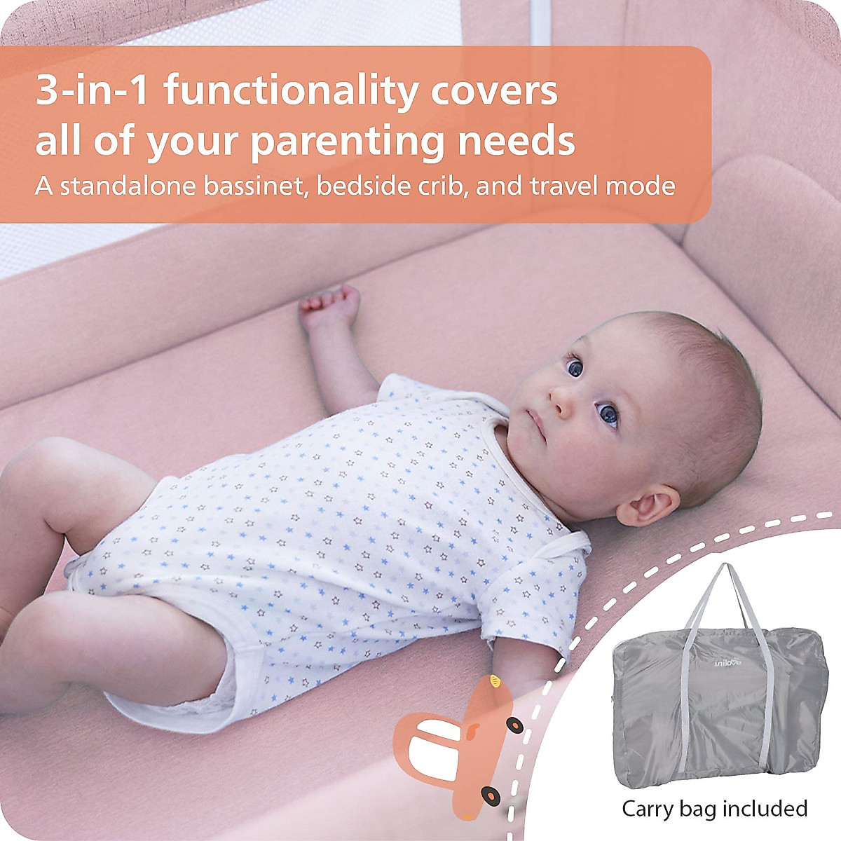 Unilove Hug Me Plus 3-in-1 Bedside Sleeper & Portable Bassinet for Newborn, Plum Pink