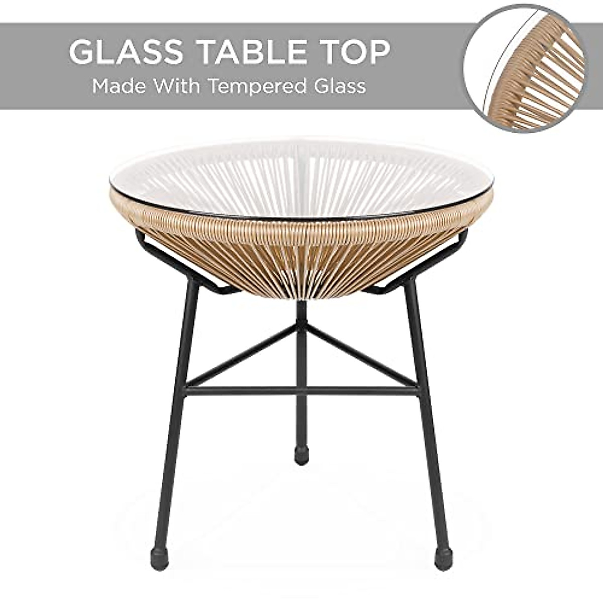 Best Choice Products 3-Piece Outdoor Acapulco All-Weather Patio Conversation Bistro Set w/Plastic Rope, Glass Top Table and 2 Chairs - Natural