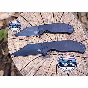 Off-Grid Knives - Caiman XL Folding Knife w. Bowie Blade, Sandvik 14C28N Steel, G10 Scales, Deep Carry Clip