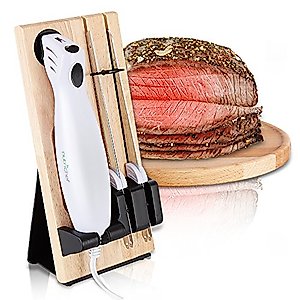 NutriChef Electric Carving Slicer Kitchen Knife - Portable Electrical Food Cutter Knife Set with Bread and Carving Blades, Wood Stand, For Meat, Turkey, Bread, Cheese, Vegetable, Fruit PKELKN16
