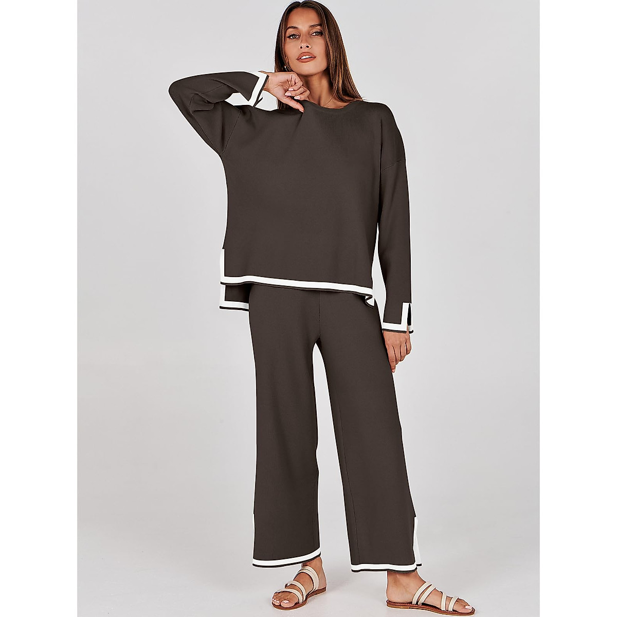 ANRABESS Women's Two Piece Outfits Long Sleeve Knit Pullover Sweater Tops & Wide leg Pants Casual Lounge Matching Sweatsuit Tracksuits Sets Coffee Large