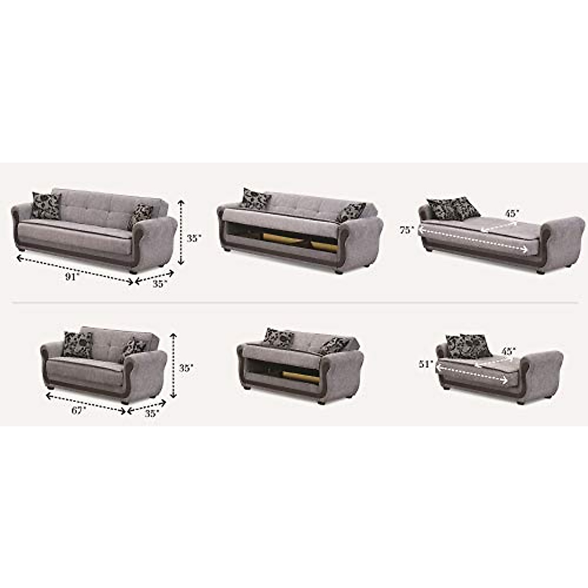 BEYAN Surf Avenue Collection Tufted Large Folding Sofa Sleeper Bed with Storage Space and Includes 2 Pillows, Gray