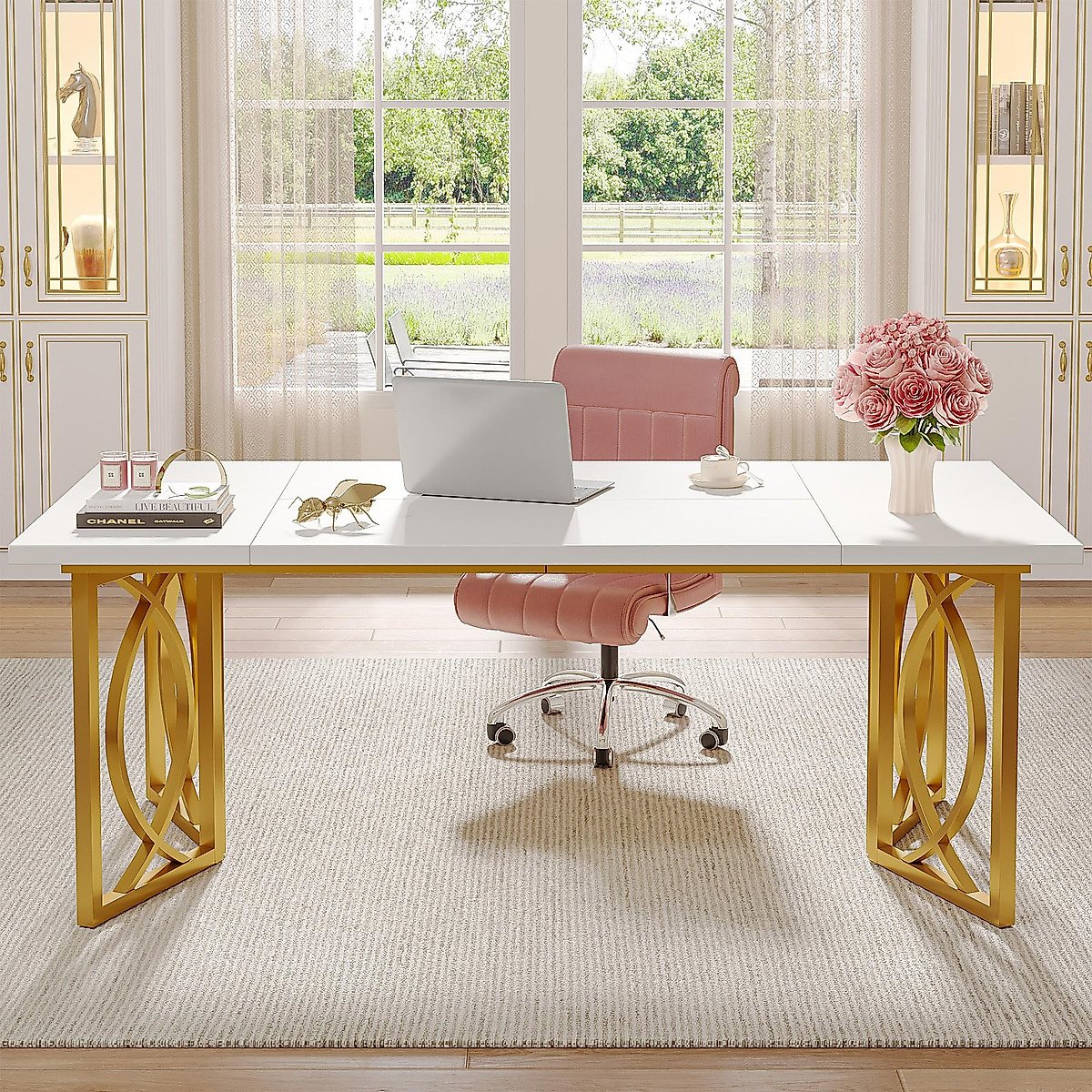 Tribesigns 70.9 inch Modern Simple Home Office Desk for Study, Large Computer Desk Office Desks Wood Study Writing Table Business Workstation with Golden Sturdy Metal Frame for Bedroom, White Gold