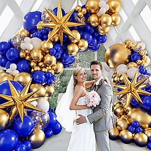 Royal Blue and Gold Balloon Garland Arch Kit, Blue and Gold Party Decorations with White Balloons Gold Confetti Latex Balloons for Anniversary Wedding New Year Graduation Birthday Party Decorations