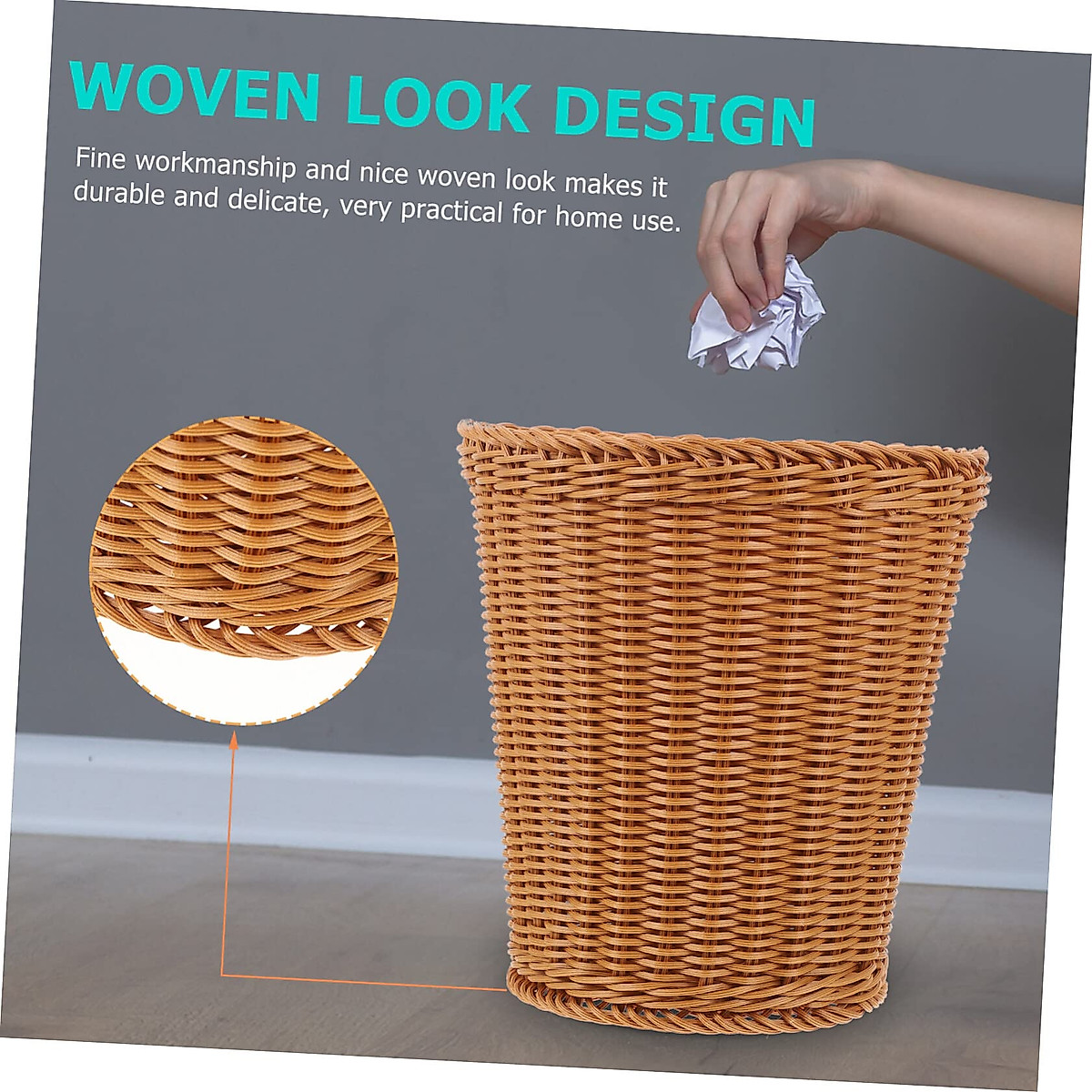 WOONEKY Rattan Trash Can, Brown, Open-Top, Plastic Material, 11" x 11" x 11"