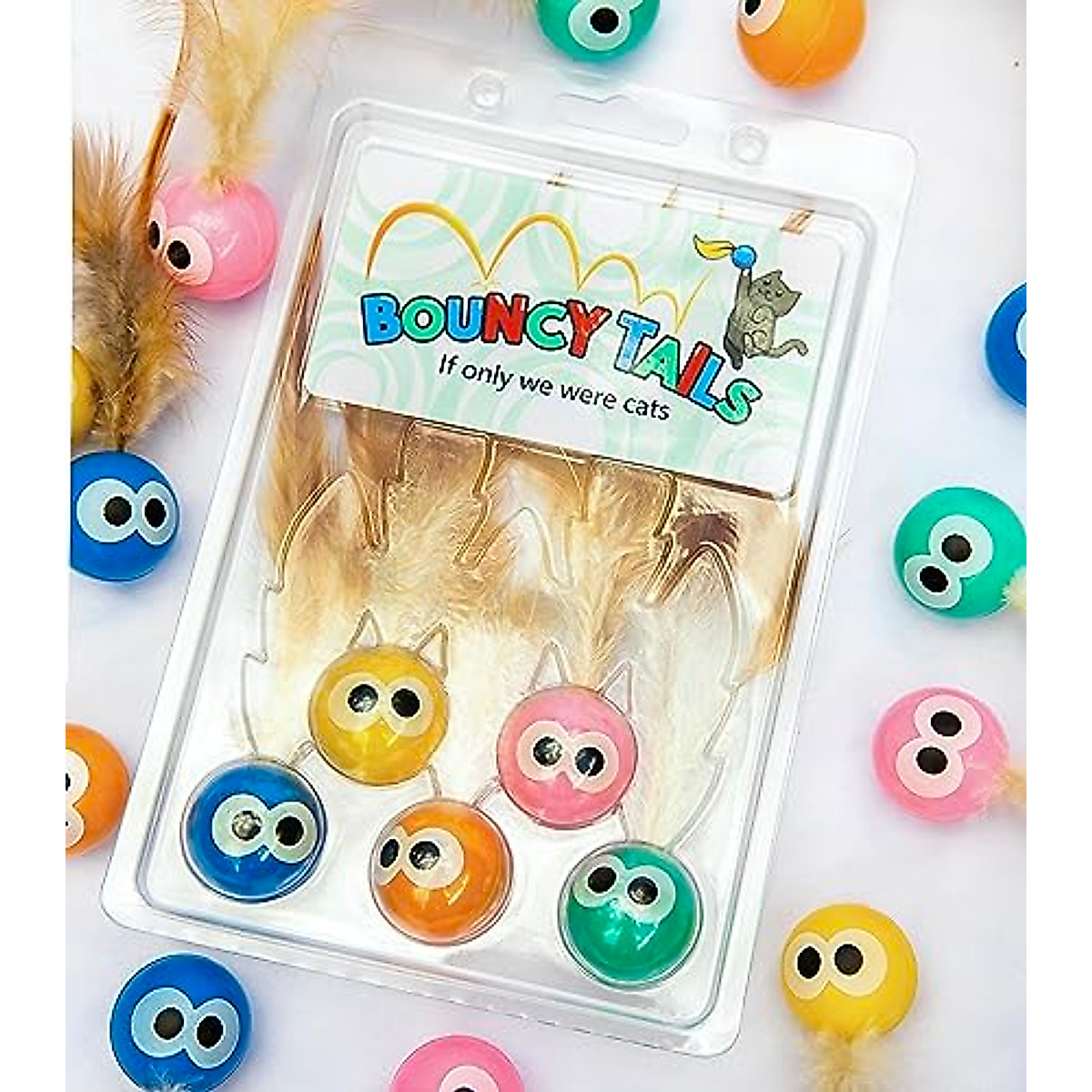 Bouncy Tails 5 Pack Interactive Bouncy Ball with Natural Feathers for Indoor Cats and Kittens who Love to Play and Have Fun.