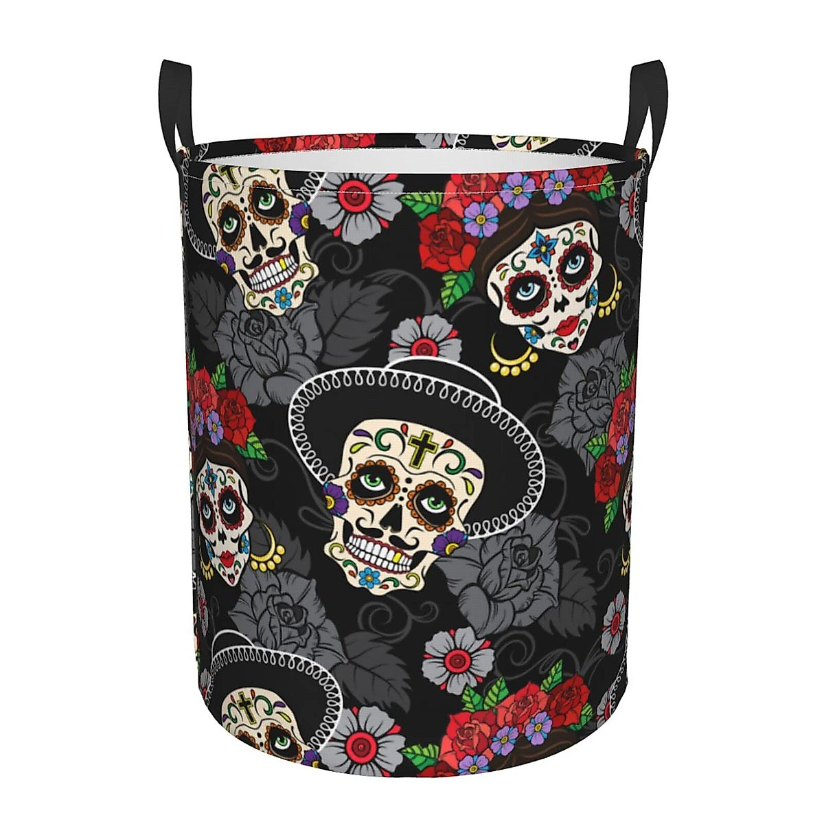 Gbuzozie Floral Skulls Round Laundry Hamper Day Of The Dead Storage Basket Toys Clothes Organizer Bin For Home Bathroom Bedroom Dorm Nursery, 38l