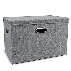 DAYARD Foldable Storage Boxes with Lids Linen Fabric Stackable Storage Bins Organizer Containers Baskets Cube with Cover for Closet Office Nursery, Grey Large (18 x 12 x 12)