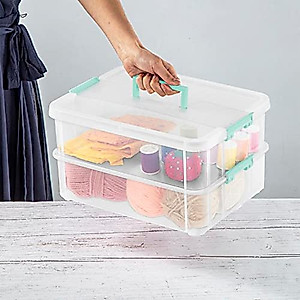 Sterilite Convenient Small Home 2-Tiered Layer Stack Carry Storage Box with Colored Accent Secure Latching Lid, Clear (4 Pack)