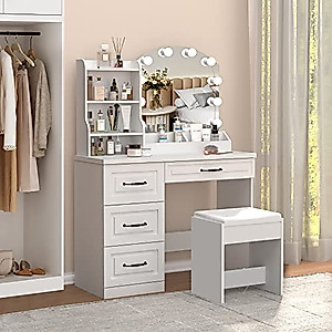 Vabches Makeup Vanity Desk with Lights and 4 Drawers, White Vanity Set Makeup Table Lots Storage, 3 Lighting Colors, Large Size 39.4in(L), White-L