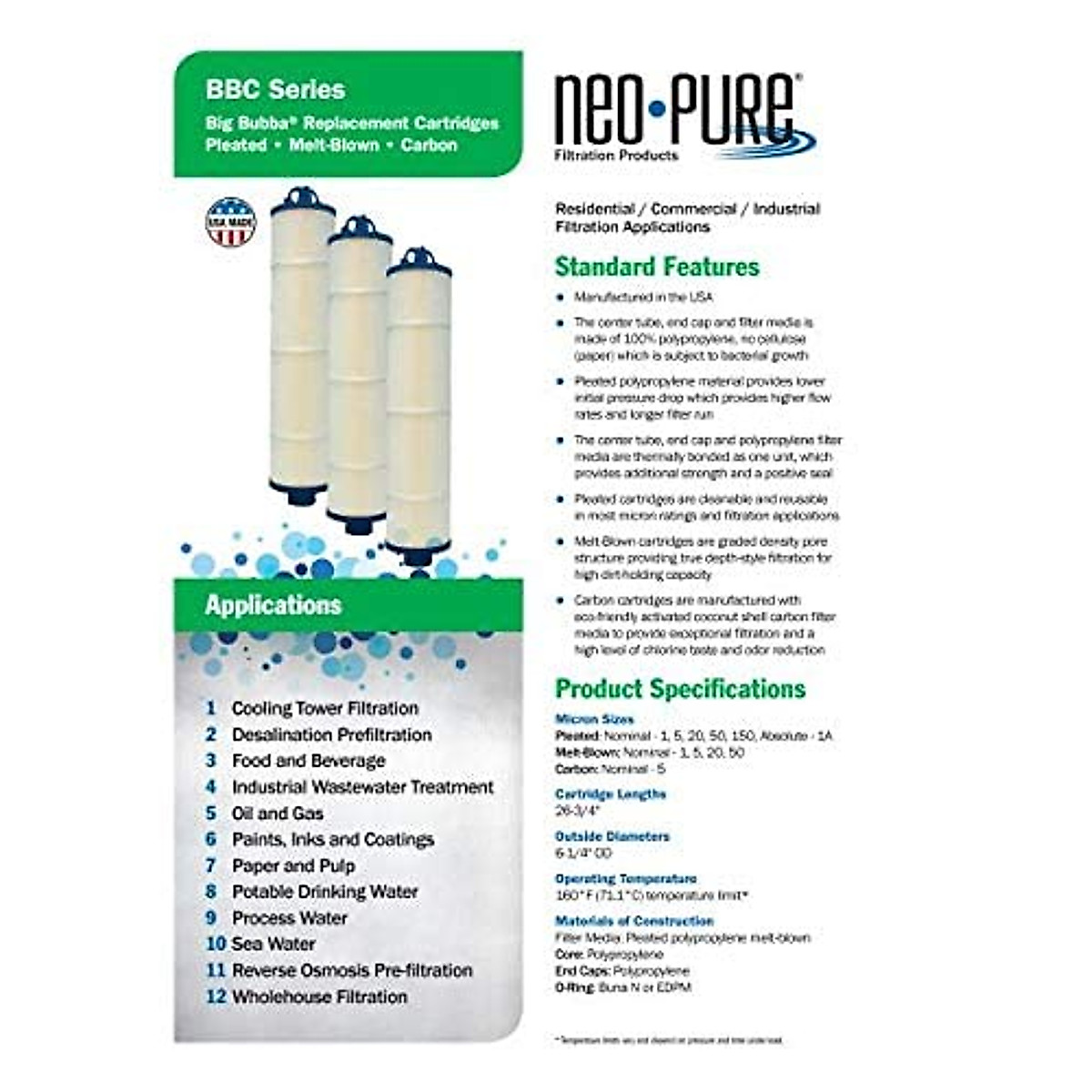 Neo-Pure BB150-PH20 Big Bubba 20 Micron Pleated Filter Cartridge Compatible with Watts BBC-150-P20 Big Bubba BBH-150 housing