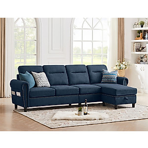 Jarenie 107" Convertible Sectional Sofa, 4-Seat L Shaped Couch with Storage Chaise and Side Pocket, Modern Linen Fabric Sectional Couches for Living Room, Dark Blue