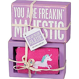 Primitives by Kathy 105542 Decorative Box Sign & Pair of Socks Gift Set-You are Freakin' Majestic, One Size, Pink