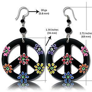 Earth Accessories Peace Sign Dangle Earrings with Organic Wood - Earring Hippie Accessories and Hippie Costume for 60s or 70s
