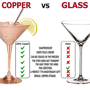 Mosscoff Copper martini glasses set of 2 9.5oz Hand hammered solid copper goblets with exquisite reinforcement ring. – Bonus pure copper straws – A gift set Valentine's day no one can resist