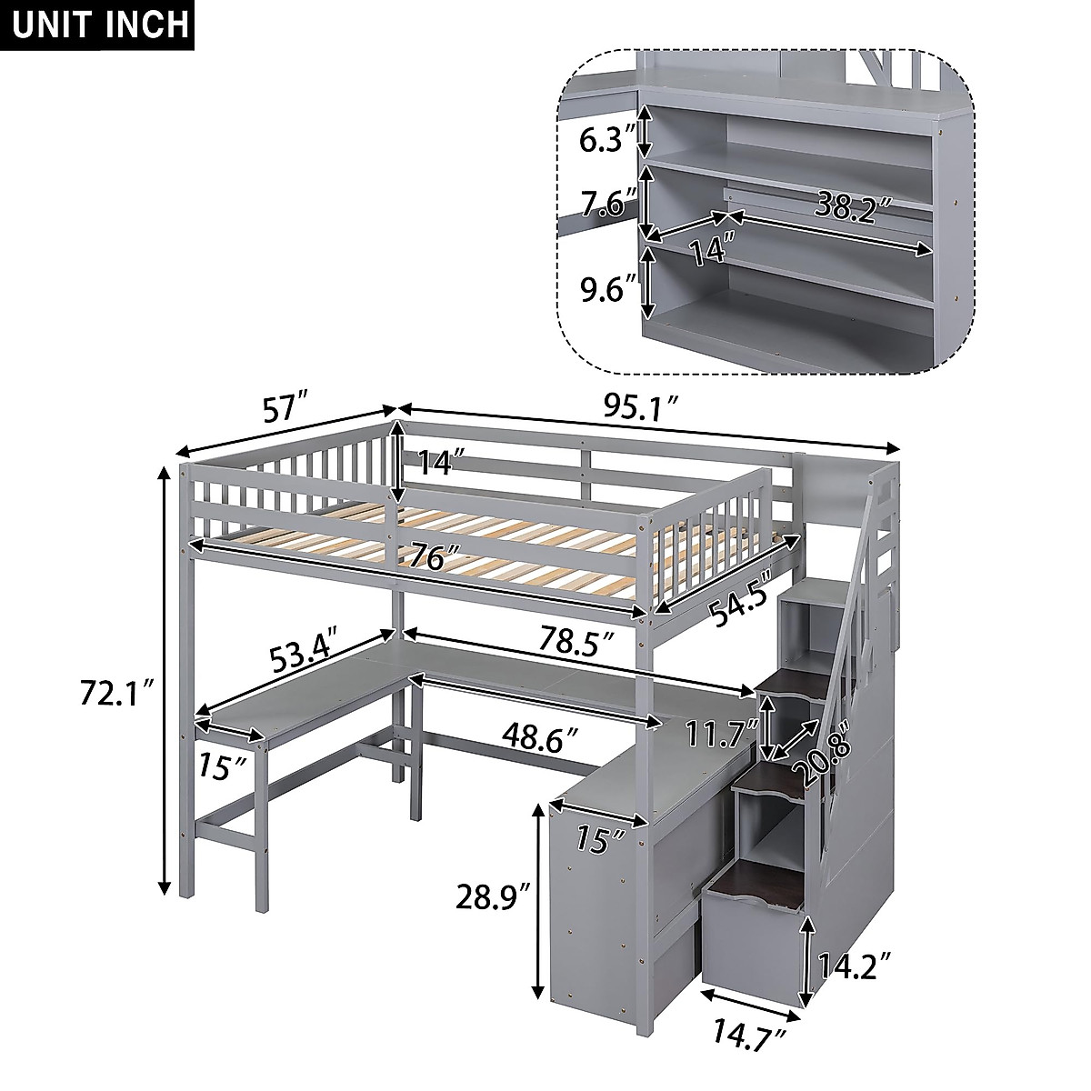 Merax Wood Full Size Loft Bed Frame with Built-in L Shaped Desk & 3 Storage Shelves & Attached Storage Stairs for Kids, No Box Spring Needed, Gray