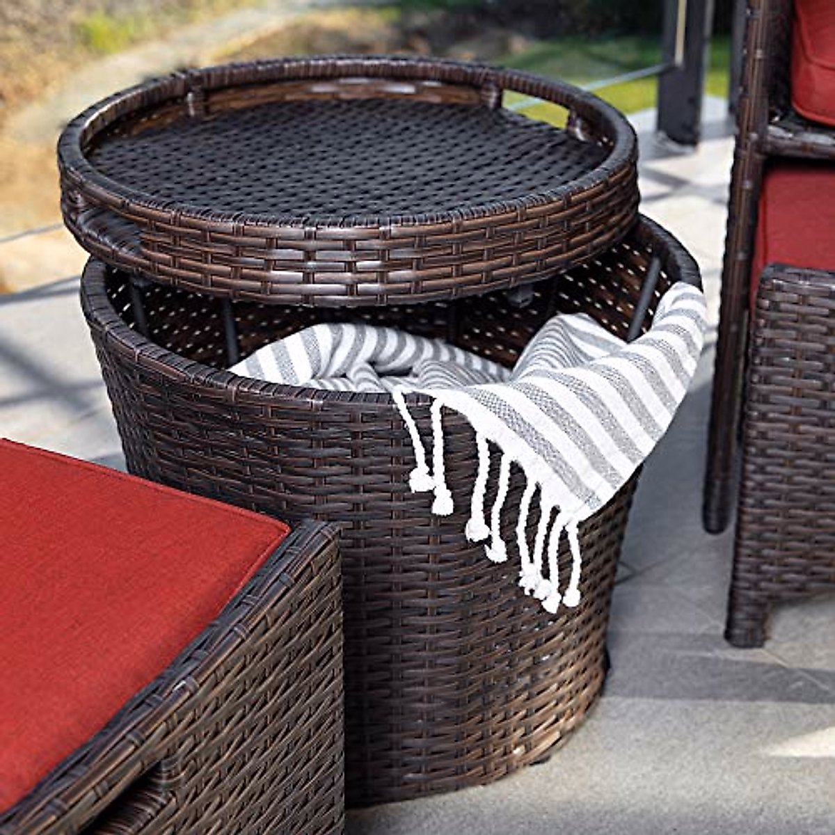 Best Choice Products 5-Piece Outdoor Patio Furniture Set, No Assembly Required Wicker Conversation Bistro & Storage Table for Backyard, Porch, Balcony w/Space-Saving Design - Brown/Red