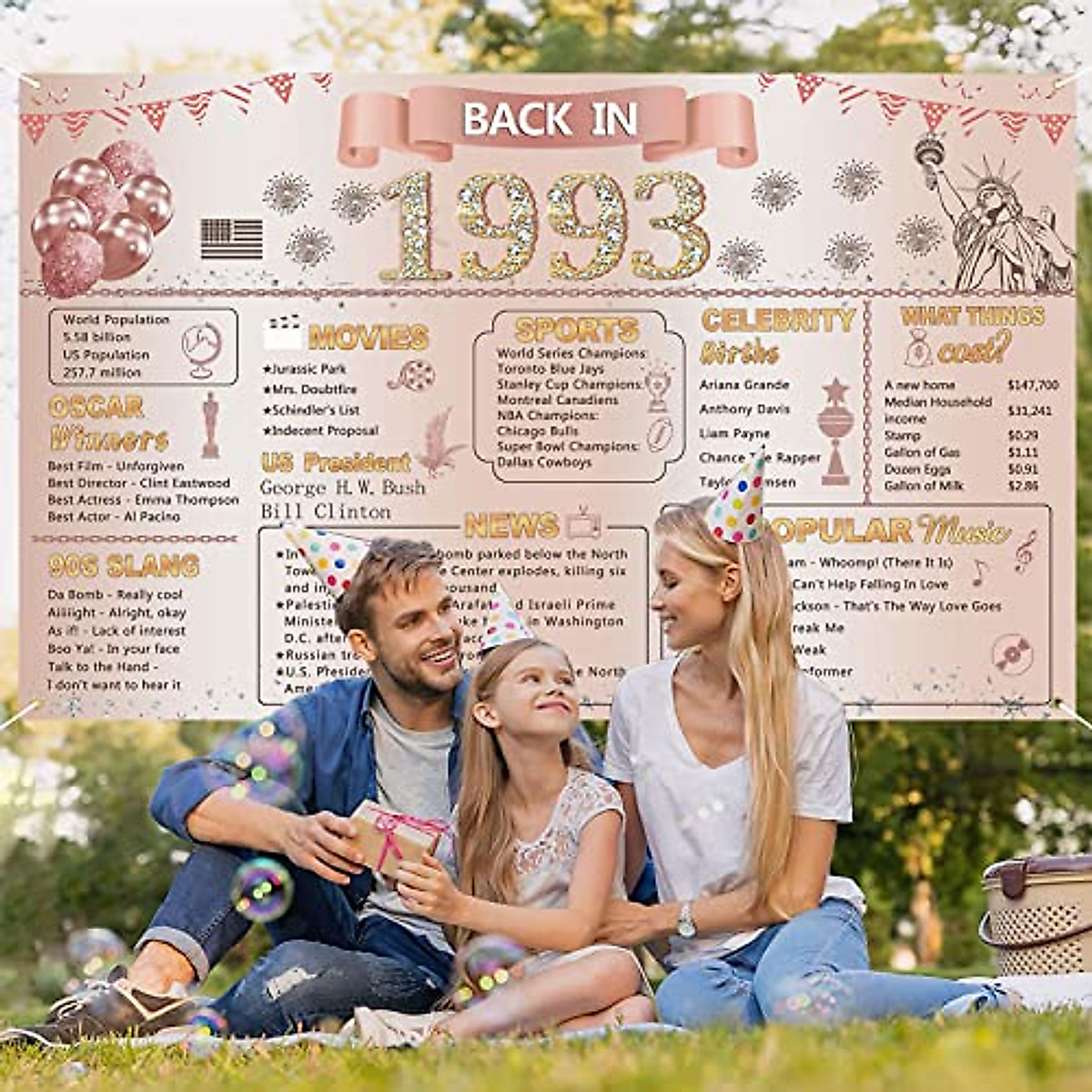 DARUNAXY Rose Gold Back in 1993 Banner, Happy 30th Birthday Party Decorations 30 Year Old Backdrop Party Supplies Pink and Gold Vintage 1993 Birthday Poster for Girls Photography Background for Women