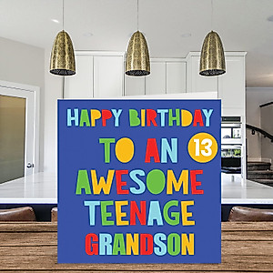 Stuff4 Fun 13th Birthday Cards for Grandson - Awesome Teenage Grandson 13 - Happy 13th Birthday Card from Grandpa Grandma Nanny, 5.7 x 5.7 Inch Thirteen Thirteenth Bday Greeting Cards Gift