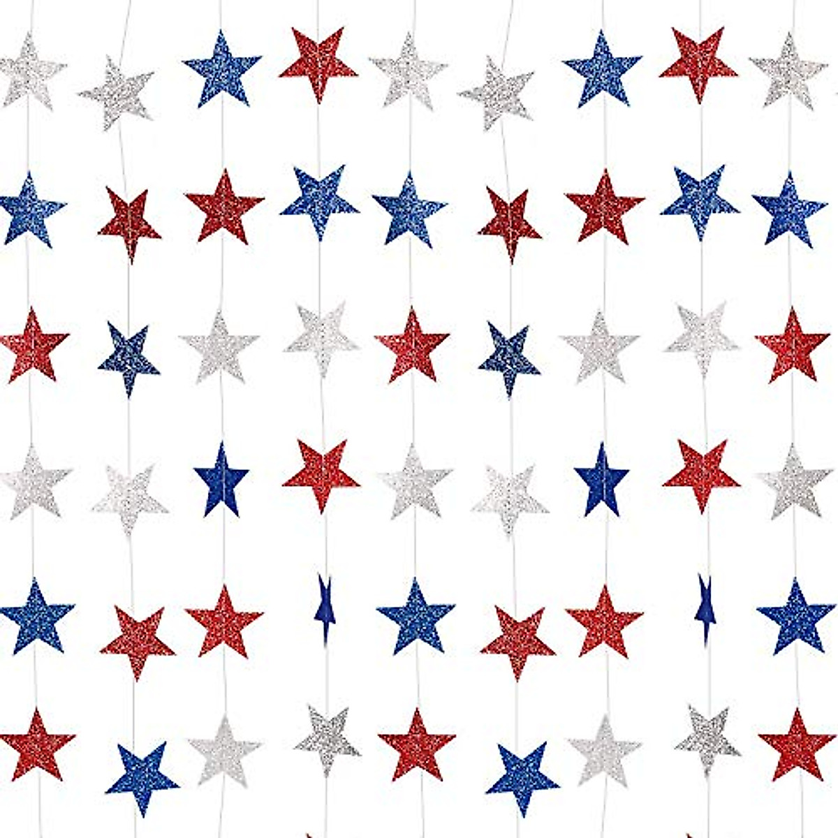 Whaline 52ft Glitter Patriotic Star Streamers Paper Bunting Banner Red White Blue Star Garland Hanging Decoration for 4th of July Decorations Independence Day Celebration Party, 4 Pack
