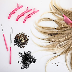 16 Pcs Hair Extension Tool Kit Remove Pliers 2500 Micro Silicone Rings Bead Pulling Hook Needle Loop Needle Threader 2 Combs 500 Black Mini Rubber Bands 5 Plastic Clips for Hair Styling Tool Accessory