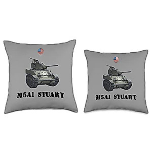 USA WW2 Tanks and Military Equipment Apparel M5A1 Stuart, USA Light Tank WW2 Military Machinery Throw Pillow, 16x16, Multicolor