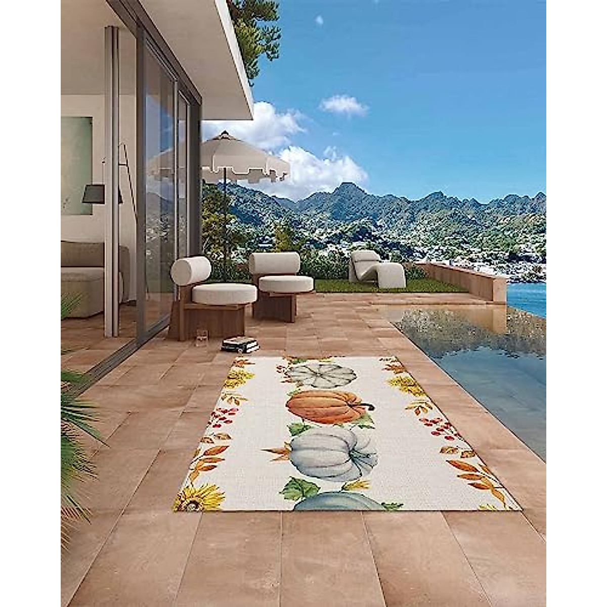 Fall Outdoor Patio Rugs Thanksgiving Pumpkin Sunflower Outdoor Area Rug Maple Leaf Non-Slip Backyard/Camping RV Rug/Deck/Porch Rug Front Door Floor Mat Carpet,6x9ft,