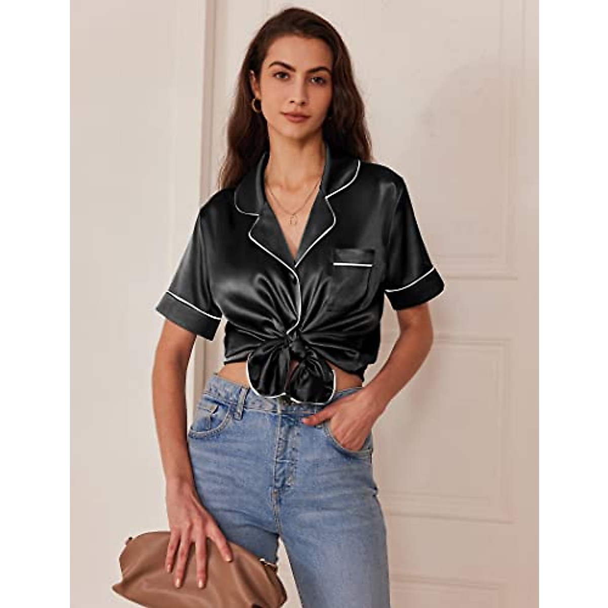 Ekouaer Satin Pj Set Sexy Soft Sleep Sets For Women Casual Button Down Loungewear(Black,Large)