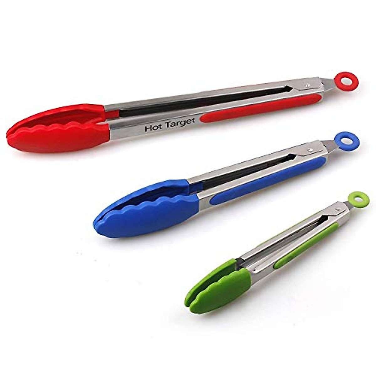 Hot Target Set of 3: 7, 9, 12 inches, Heavy Duty, Non-Stick, Stainless Steel Silicone BBQ and Kitchen Tongs. Heat resistant up to 600°F (Multicolor)