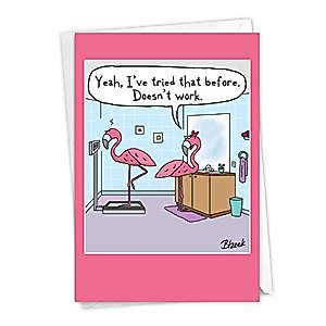 NobleWorks - 1 Funny Women's Birthday Card with Envelope - Cartoon Humor, Stationery Bday Celebration Card for Wife, Women - Flamingo Scale C3370BDG