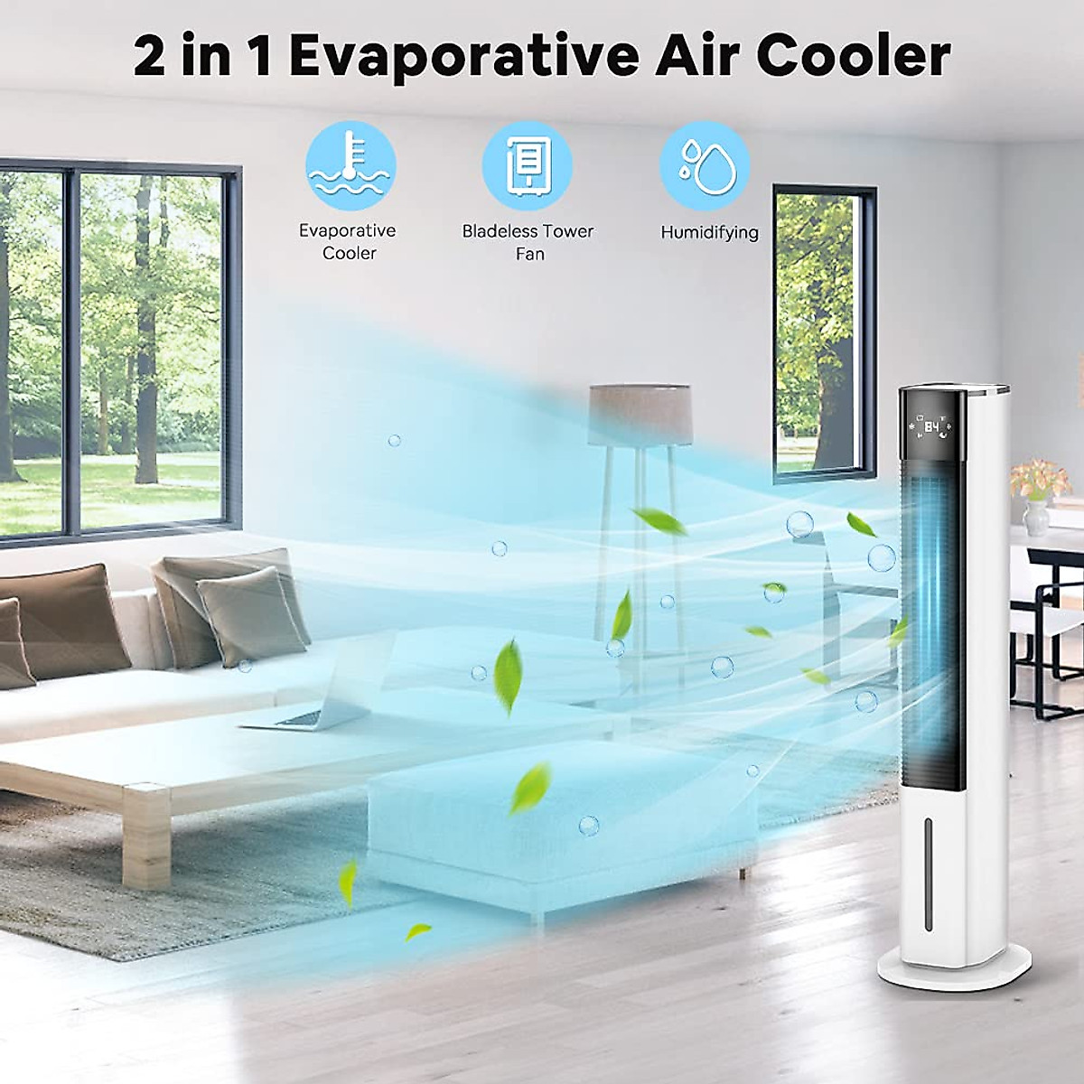 Evaporative Air Cooler, 70° Oscillating Cooling Fan for Room, LifePlus 42-Inch Bladeless Air Cooler with 1.32 Gal Water Tank, 4 Ice Packs, 12H Timer