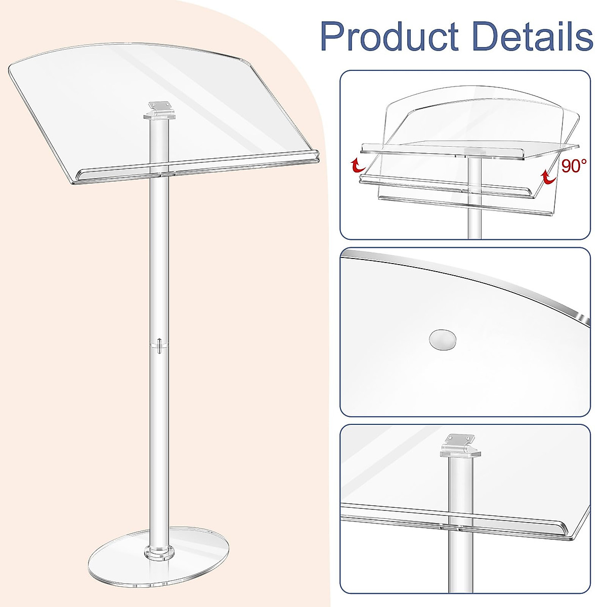 Barydat 23.6 x 15.7 x 43.3 Inch Pulpits for Churches Acrylic Podium Stand Angle Adjustable Clear Podium Portable Church Podium Modern Foldable Lectern for Weddings Classroom Church Concert Speech