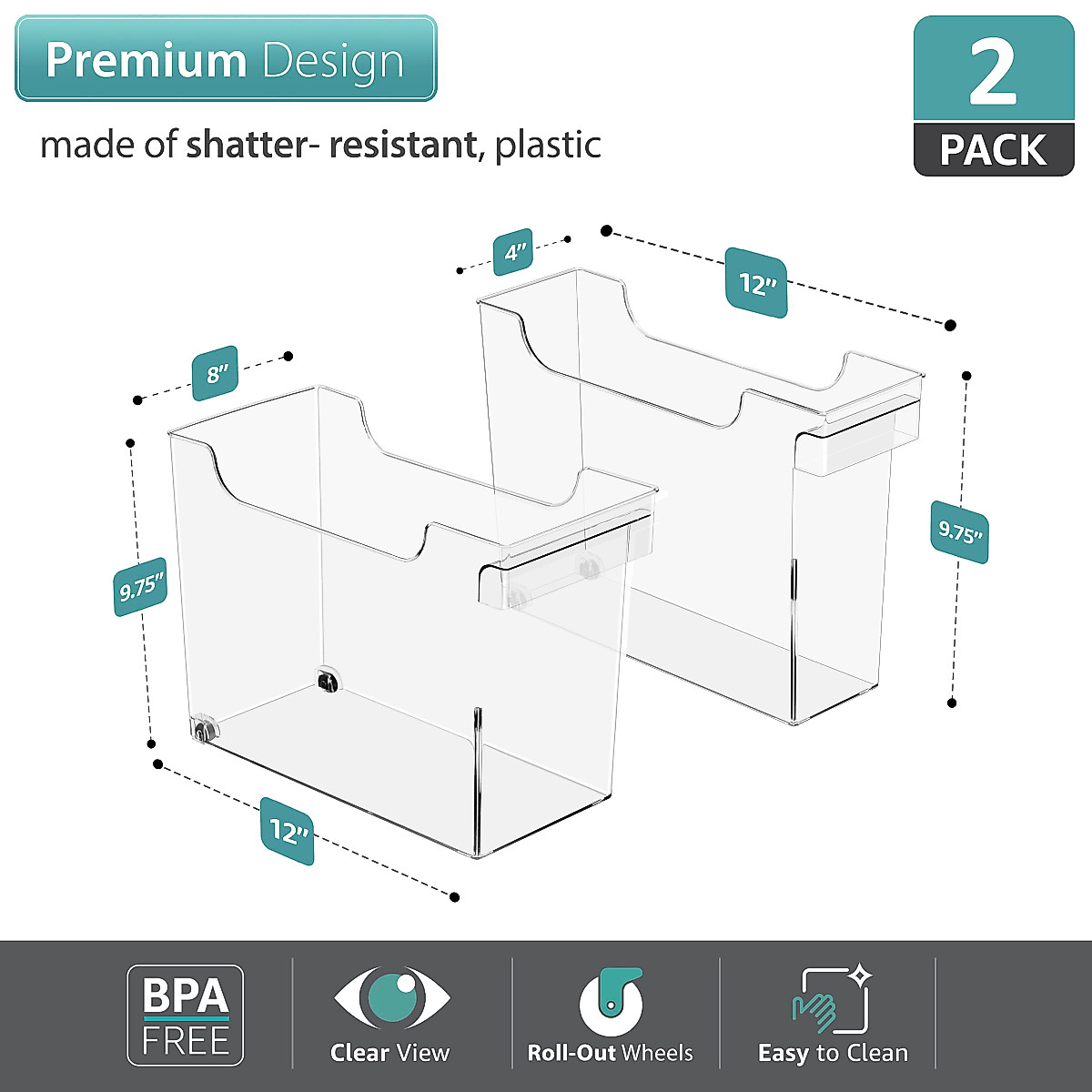 Sorbus Roll Out Bottle Organization Bins - 2 Sizes Pantry Under Sink Organizer with Wheels & Handles - Clear Plastic Organizing Containers for Cleaning Supplies - Kitchen Cabinet Laundry Room Storage