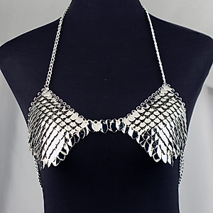 Gold Scale Body Chain Jewelry for Women Sexy Bikini Carnival Bra Harness Music Festival (Silver Color)