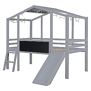 Bellemave Twin Size Low Loft Bed with Slide and Ladder, Wood Playhouse Twin Bed with Blackboard and Light Strip on The Roof, Twin House Bed for Kids, Boys, Girls, No Box Spring Needed, Gray