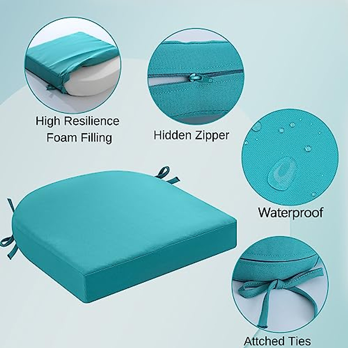 idee-home Outdoor Chair Cushions Set of 2, Thick 3" Patio Chair Cushions for Outdoor Furniture Waterproof with Ties, Outdoor Seat Cushion, Patio Chair Pads Dining Chair 17" x 16" x 3" Blue