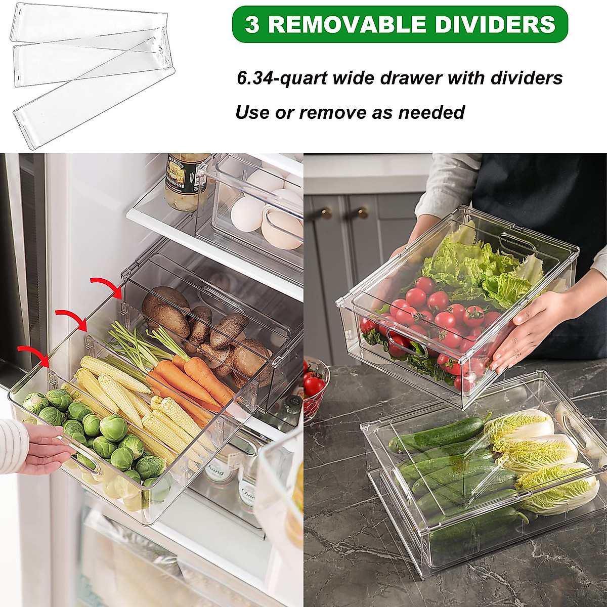 2 Pack Refrigerator Organizer Bins with Pull-out Drawer, Stackable Fridge Drawer Organizer Set with Handle, BPA-free Drawable Clear Storage Cases for Freezer, Cabinet, Kitchen, Pantry Organization