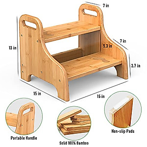 Wooden Kids Adults Step Stool, DORPU Toddler Step Stool for Bathroom Sink, 2 Step Potty Stool with Handles, Bamboo Step Stool, Natural