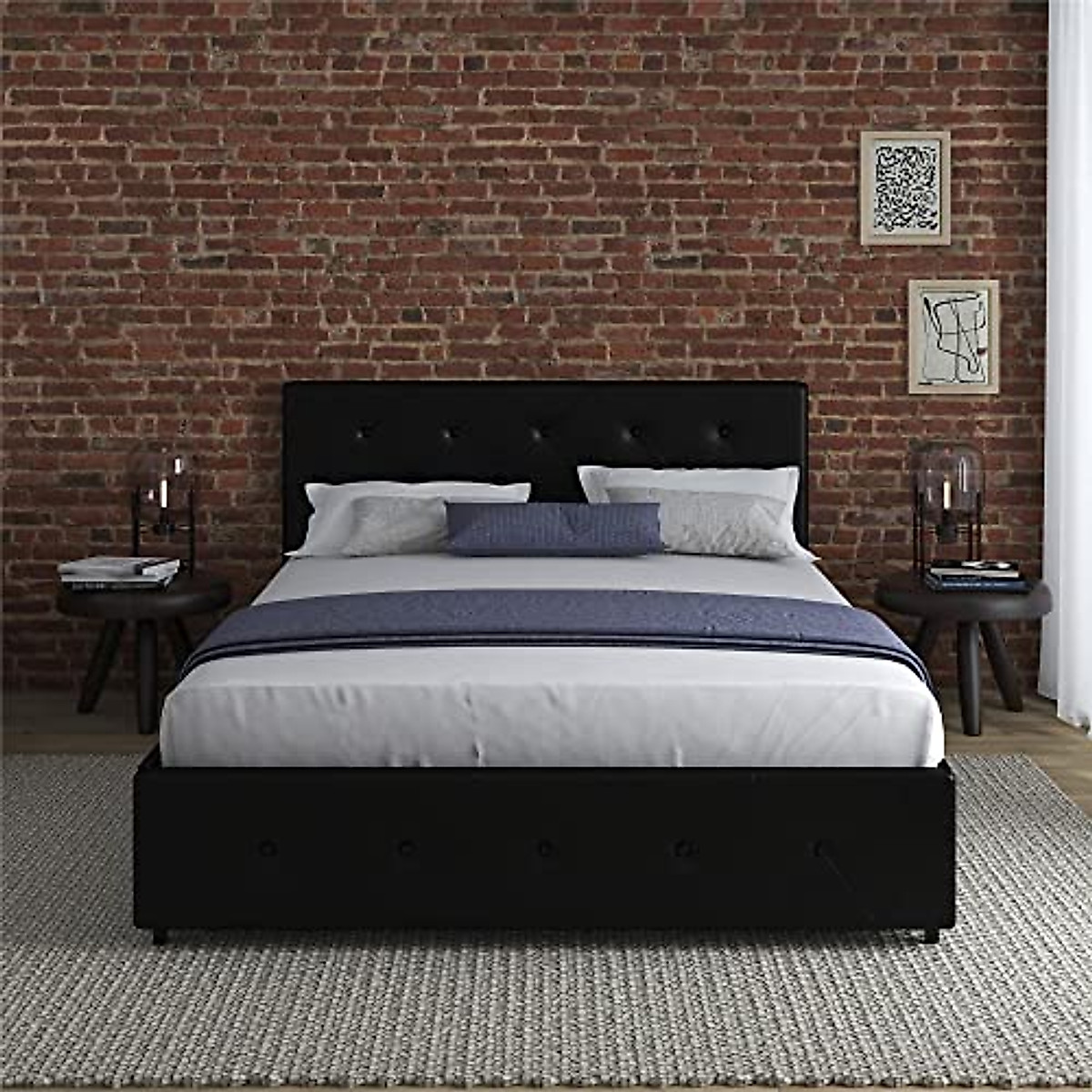 DHP Dakota Upholstered Platform Bed with Underbed Storage Drawers and Diamond Button Tufted Headboard and Footboard, No Box Spring Needed, Queen, Black Faux Leather