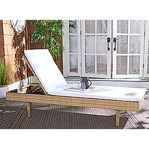 SAFAVIEH Outdoor Collection Cam Natural Brown Wicker/White Cushion Adjustable Chaise Lounge Chair, Black/Beige (PAT7501D)